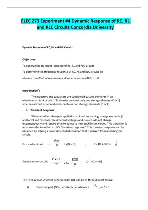 ELEC 273 Experiment 4 Dynamic Response Of RC RL And RLC Circuits Concordia University Stuvia