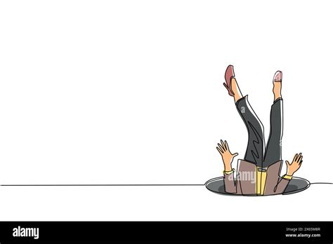 Single One Line Drawing Businesswoman Falling Into Pit Hole Legs Up