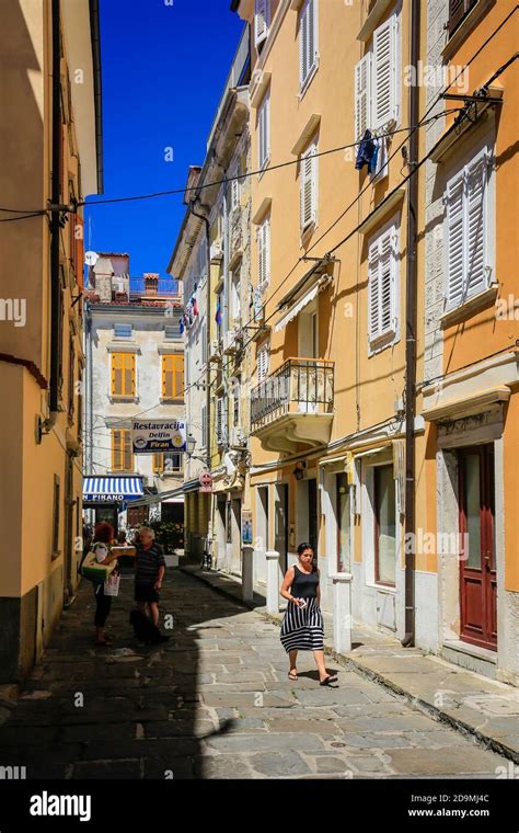 Piran Istria Slovenia People In The Old Town Streets Of The Port