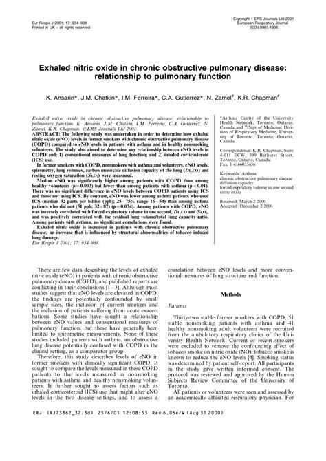Pdf Exhaled Nitric Oxide In Chronic Obstructive Pulmonary Disease Relationship To Pulmonary
