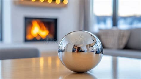 Sleek Metallic Sphere Reflecting Cozy Living Room With Fireplace Ai