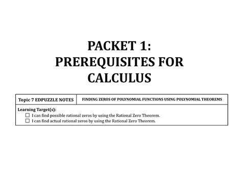 Packet 1 Topic 7 Finding Zeros Of Polynomial Functions Using