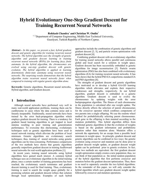 Pdf Hybrid Evolutionary One Step Gradient Descent For Training Recurrent Neural Networks