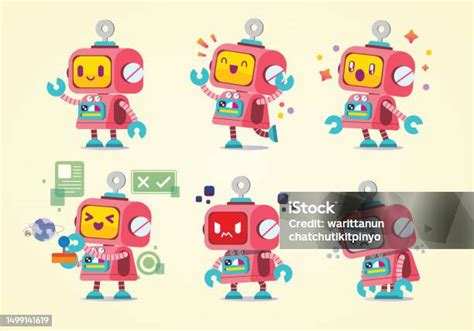 다양한 포즈와 감성적인 컬렉션 세트를 가진 귀여운 핑크 장난감 캐릭터 감정에 대한 스톡 벡터 아트 및 기타 이미지 감정 개념 개념과 주제 Istock