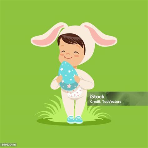 흰 토끼의 달콤한 작은 아기 파란색 페인트 달걀 벡터 일러스트 레이 션 사냥 부활절 달걀에 재미 아이 들고 의상 Film