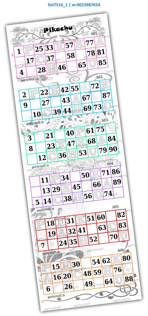 Pikachu Theme Designs In Tambola Housie Paper Games