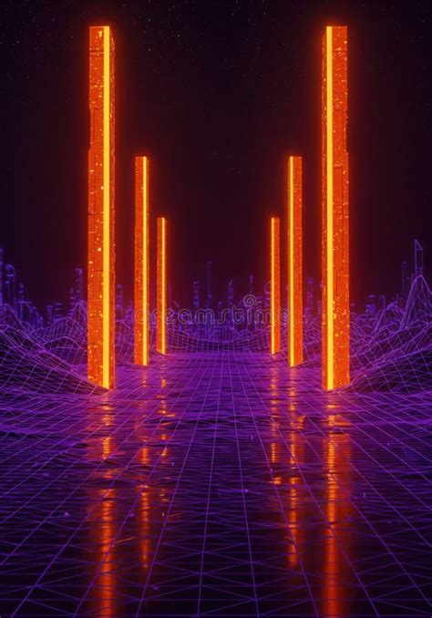 Futuristic Digital Landscape With Neon Grid And Glowing Data Pillars Stock Illustration