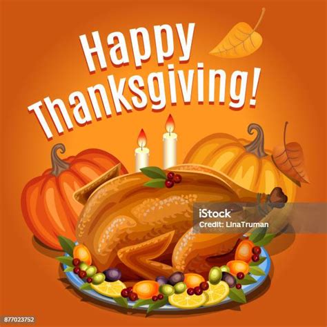 추수 감사절 터키 장식와 오렌지 호박 접시에 구운 칠면조 저녁 식사 벡터 일러스트입니다 0명에 대한 스톡 벡터 아트 및 기타 이미지 0명 가금류 가을 Istock