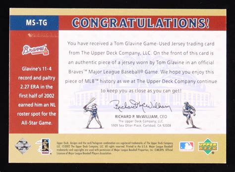 Tom Glavine 2003 Upper Deck Mid Summer Stars Swatches Tg Pristine