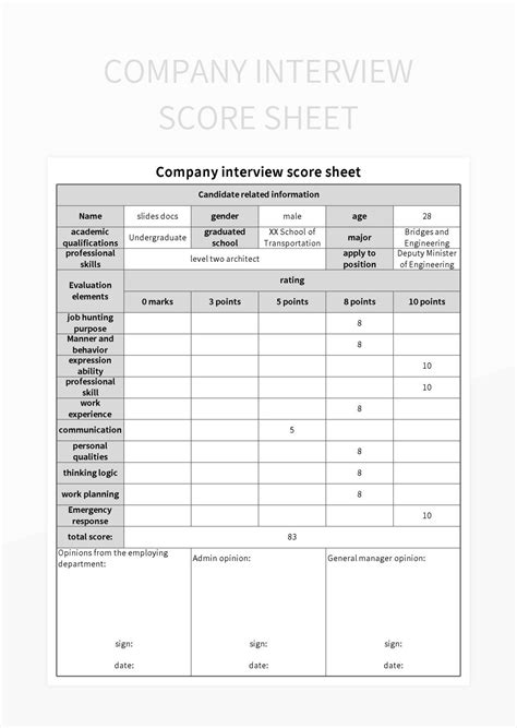 Interview Score Sheet Template