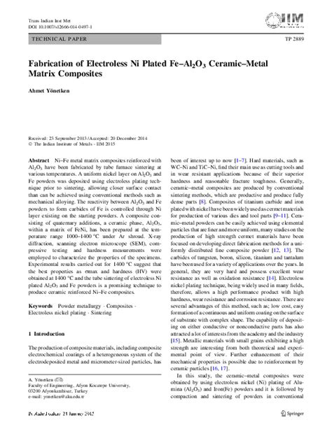 Pdf Fabrication Of Electroless Ni Plated Fe Tic Metal Matrix Composites