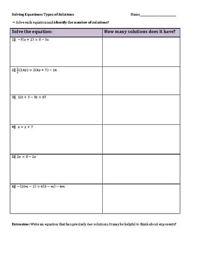 Equations With Zero One And Infinitely Many Solutions Worksheet