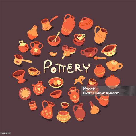 서클 템플릿 도자기 워크샵 도자기 클래스 배너 그림 도자기 바퀴 포터 점토 말 그리고 낙서와 플랫 스타일에 아이콘을 설정 하는 다른 세라믹 제품 갈색에 대한 스톡 벡터 아트
