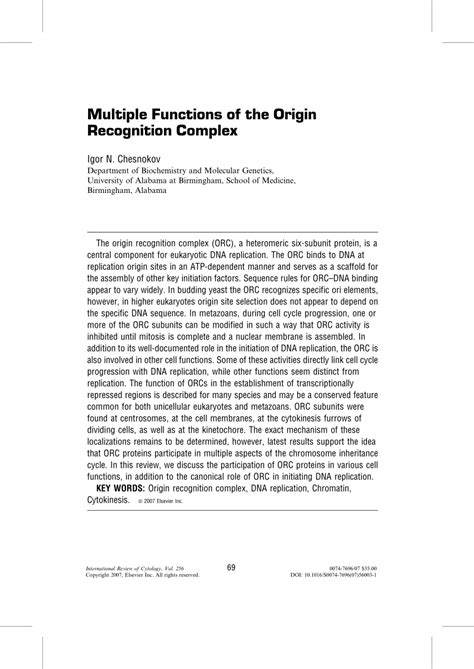 Pdf Multiple Functions Of The Origin Recognition Complex