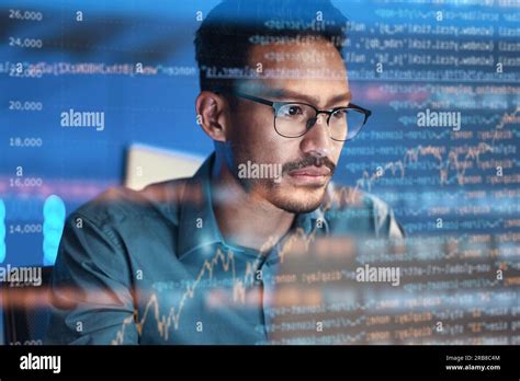 computer code hologram and business man in data analysis coding