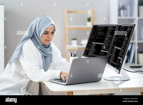 Programmer Woman Wearing Hijab Working Coding Business Software Stock