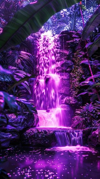A Waterfall In A Tropical Garden With Purple Flowers Premium Ai