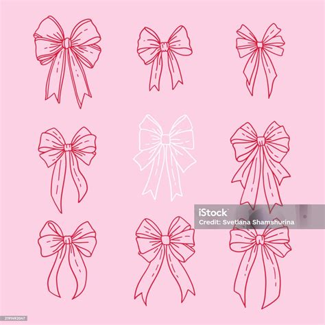 요염한 분홍색 리본 세트 우아한 매듭이 있는 선물 리본 유행 손으로 그린 머리 땋기 액세서리 선물 포장 파티 장식 선물을위한 나비 매듭 벡터 일러스트 레이 션 땋은 머리에