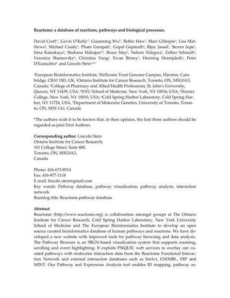 Reactome A Database Of Reactions Pathways And Biological