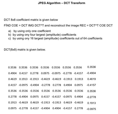Solved Jpeg Algorithm ﻿dct Transform Solve With Matlab