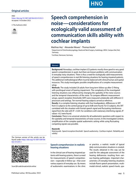 Pdf Speech Comprehension In Noise Considerations For Ecologically Valid Assessment Of