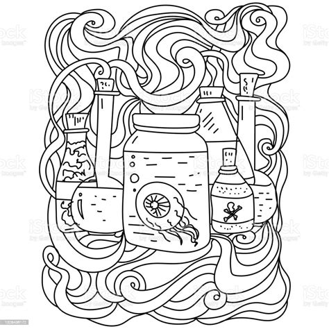 추상적 패턴의 배경에 할로윈 색칠 페이지 마법 플라스크와 항아리 컬러링 북 페이지 일러스트레이션 기법에 대한 스톡 벡터 아트 및 기타 이미지 컬러링 북 페이지