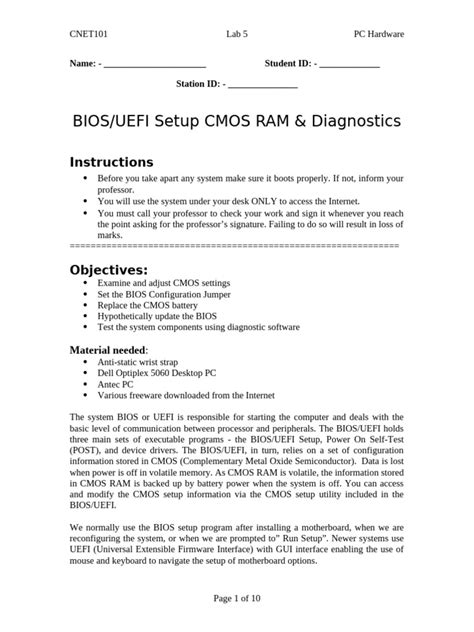 Lab 5 Bios Uefi Setup Cmos Ram And Diagnostics Pdf