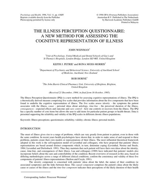 Pdf The Illness Perception Questionnaire A New Method For Assessing The Cognitive
