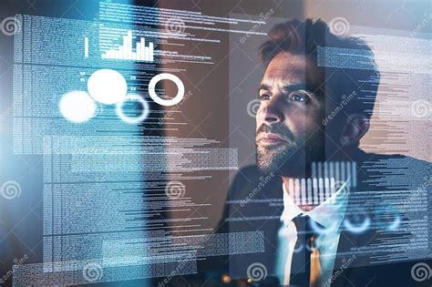 Businessman Investor Or Night With Statistics Or Overlay For Corporate Analytics Data Or