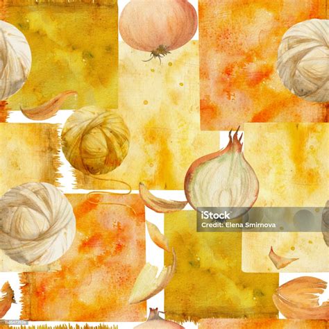 손으로 그린 수채화 양파 착색 천연 식물 염료 취미 재료 수제 직물 그림은 이음새가 없는 패턴 흰색 배경을 분리했다 상점 로고