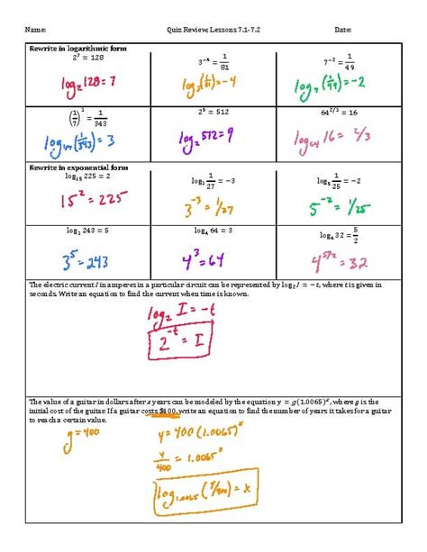 Quiz Review Key Lessons 71 72 Logarithms Log Functions