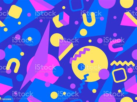 80 년대 스타일의 기하학적 원활한 패턴 등등 측정 기하학적 3d 셰이프 종이 홍보 자료 및 직물에 인쇄하기위한 트렌디 한