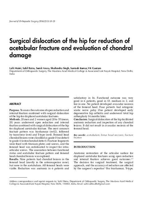 Pdf Surgical Dislocation Of The Hip For Reduction Of Acetabular Fracture And Evaluation Of