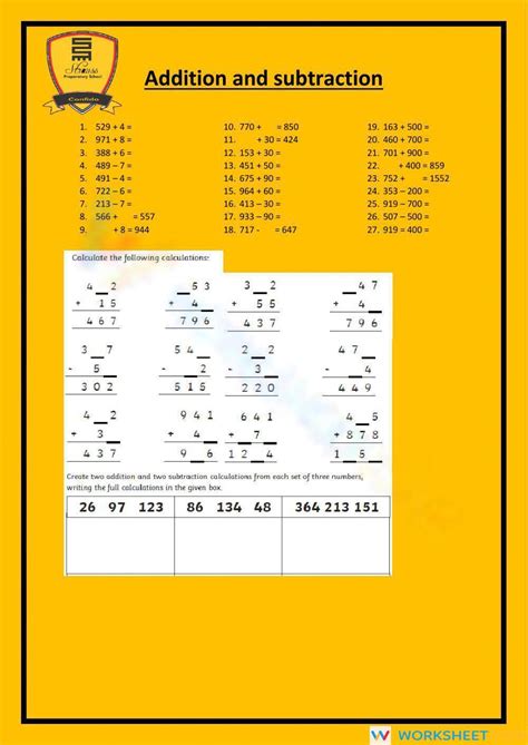 Addition And Subtraction Test Worksheet