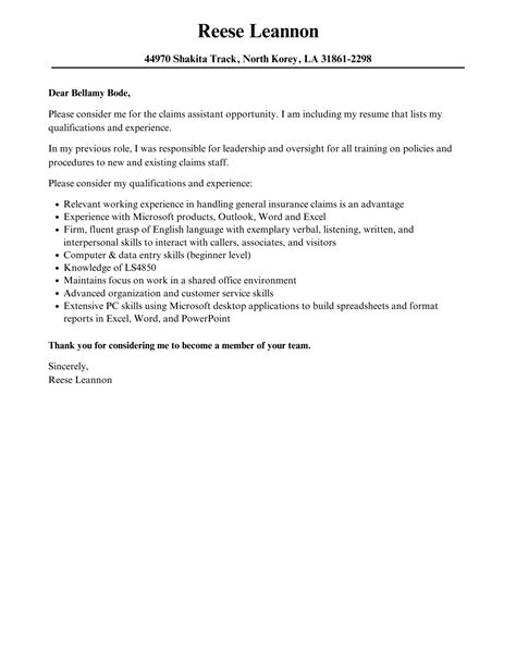 Claims Assistant Cover Letter Velvet Jobs