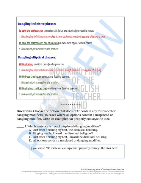 Grammar Worksheet On Misplaced And Dangling Modifiers Teaching Resources