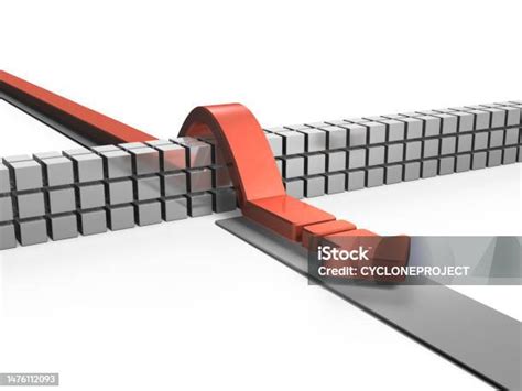 길을 막고있는 장애물의 벽 벽 위로 계속 전진하는 빨간색 화살표입니다 강한 의지와 극복을 나타내는 추상적 인 개념 성공과 승리 3d 렌더링 0명에 대한 스톡 사진 및 기타