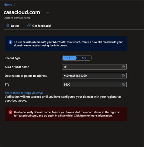 azure domain unable to verify custom domain though i have added txt