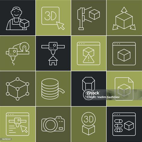 라인 3d 프린터 아이소메트릭 큐브 파일 스캐너 집 그래픽 디자이너 및 아이콘을 설정합니다 벡터 3차원 형태에 대한 스톡 벡터