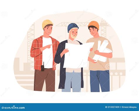 Man Architect Engineer Showing Drawing Building Blueprint On Easel Board To Construction Workers