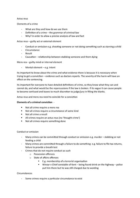 Actus Reus Lecture Notes Actus Reus Elements Of A Crime What Are They