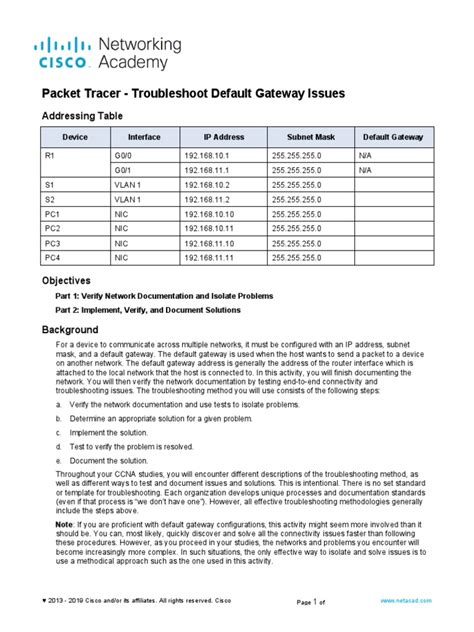 10 3 5 Packet Tracer Troubleshoot Default Gateway Issues Pdf Internet Architecture