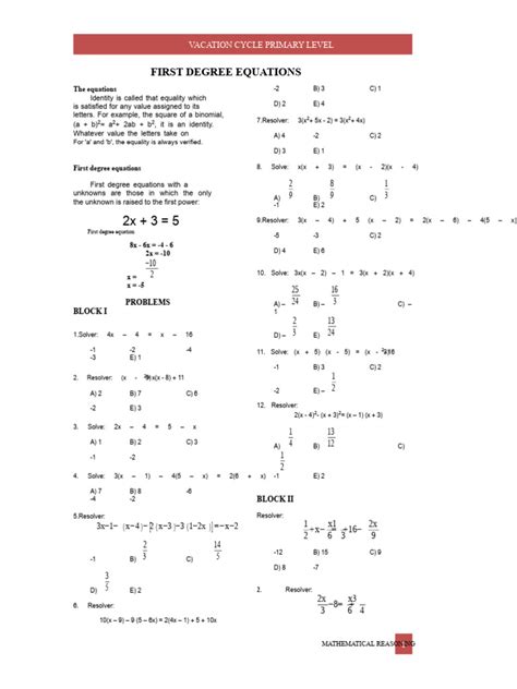First Degree Equations Primary Pdf Equations Mathematics