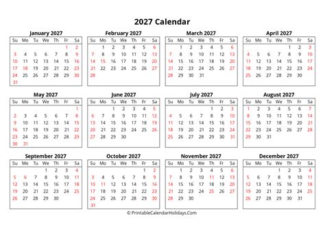 Free Printable Calendar 2027 Word Pdf Excel