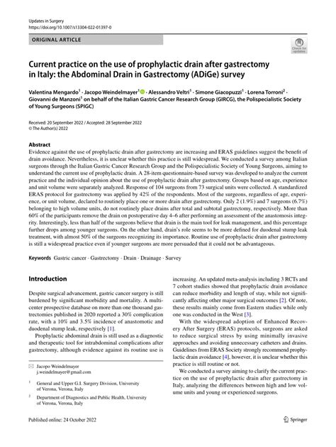 Pdf Current Practice On The Use Of Prophylactic Drain After Gastrectomy In Italy The