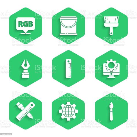 눈금자 지구의 지구와 기어 페인트 브러시 컴퓨터 모니터 교차 자 연필 만년필 및 Rgb Cmyk 아이콘이있는 말풍선을 설정합니다 벡터 개발에 대한 스톡 벡터 아트 및 기타