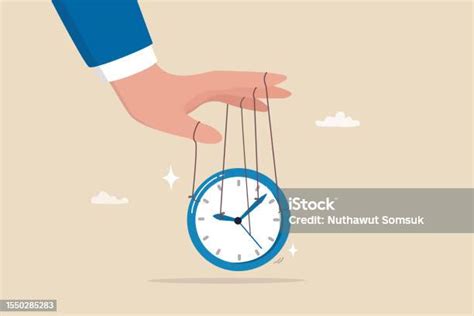 시간 자유 또는 효율적인 시간 관리를 제어하여 마감일 생산성 또는 효율성 생산적인 프로젝트 관리자 개념 시계 꼭두각시로 시간을 제어하는 사업가 시간에 대한 스톡 벡터 아트