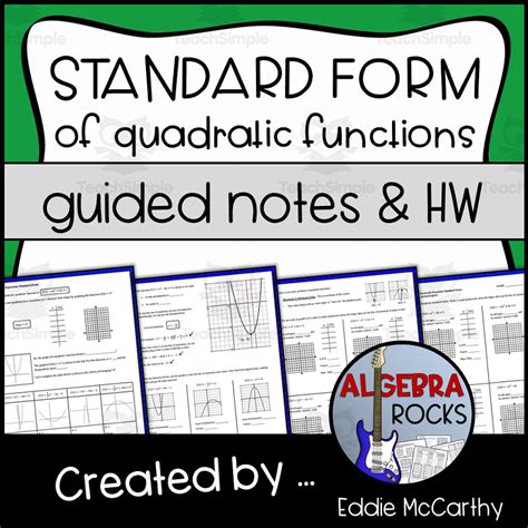 Quadratic Functions Standard Form Guided Notes Homework Set By Teach
