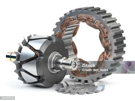 자동차 교류 발전기 또는 전기 모터의 회전자 및 고정자는 흰색으로 분리되어 있습니다 3차원 형태에 대한 스톡 사진 및 기타