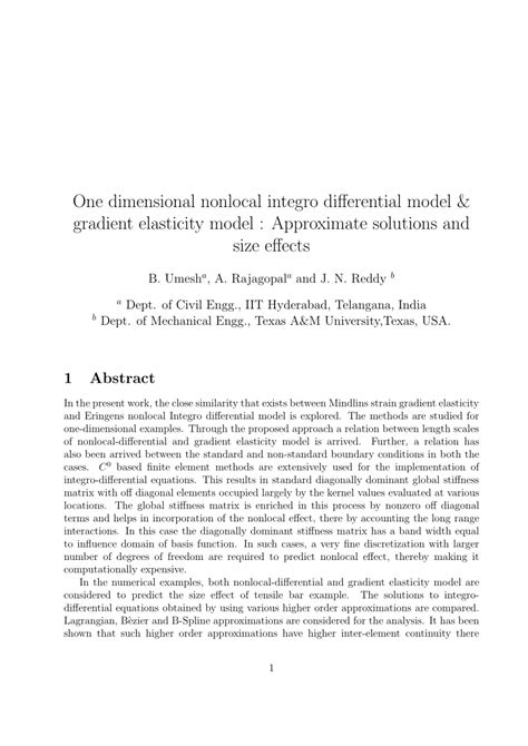 Pdf One Dimensional Nonlocal Integro Differential Model And Gradient Elasticity Model
